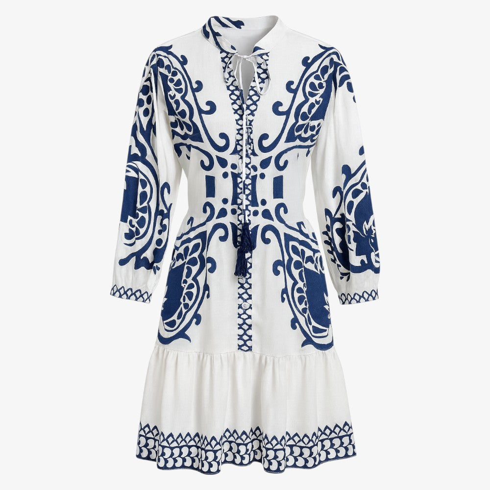 Printed Dress - White & Blue–fcg-75-white-blue – blubellebaby
